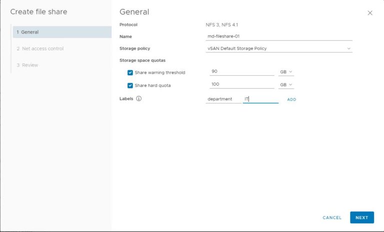Create a vSAN File Share in vSAN File Service - VMware vSAN 7.0